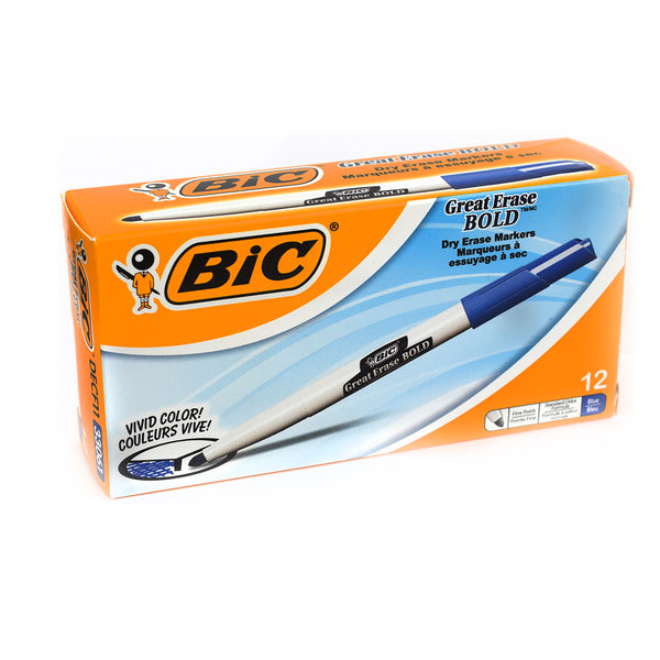 Bic Great Erase Bold Dry Erase Markers Fine Point Blue Dozen